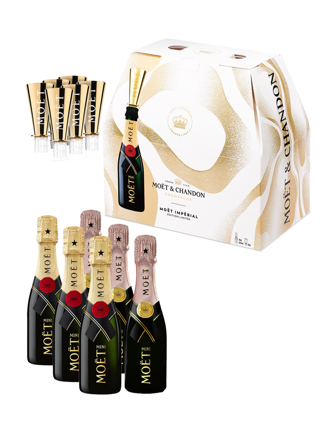Moët & Chandon Giftset 3 Mini Rosé + 3 Mini Brut & 6 Flûtes - 6 x 2...